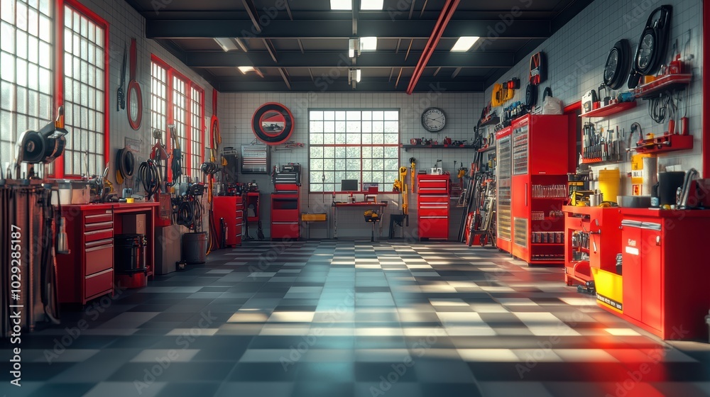 Realistic photo of inside of a red and white mechanic shop with no cars ...