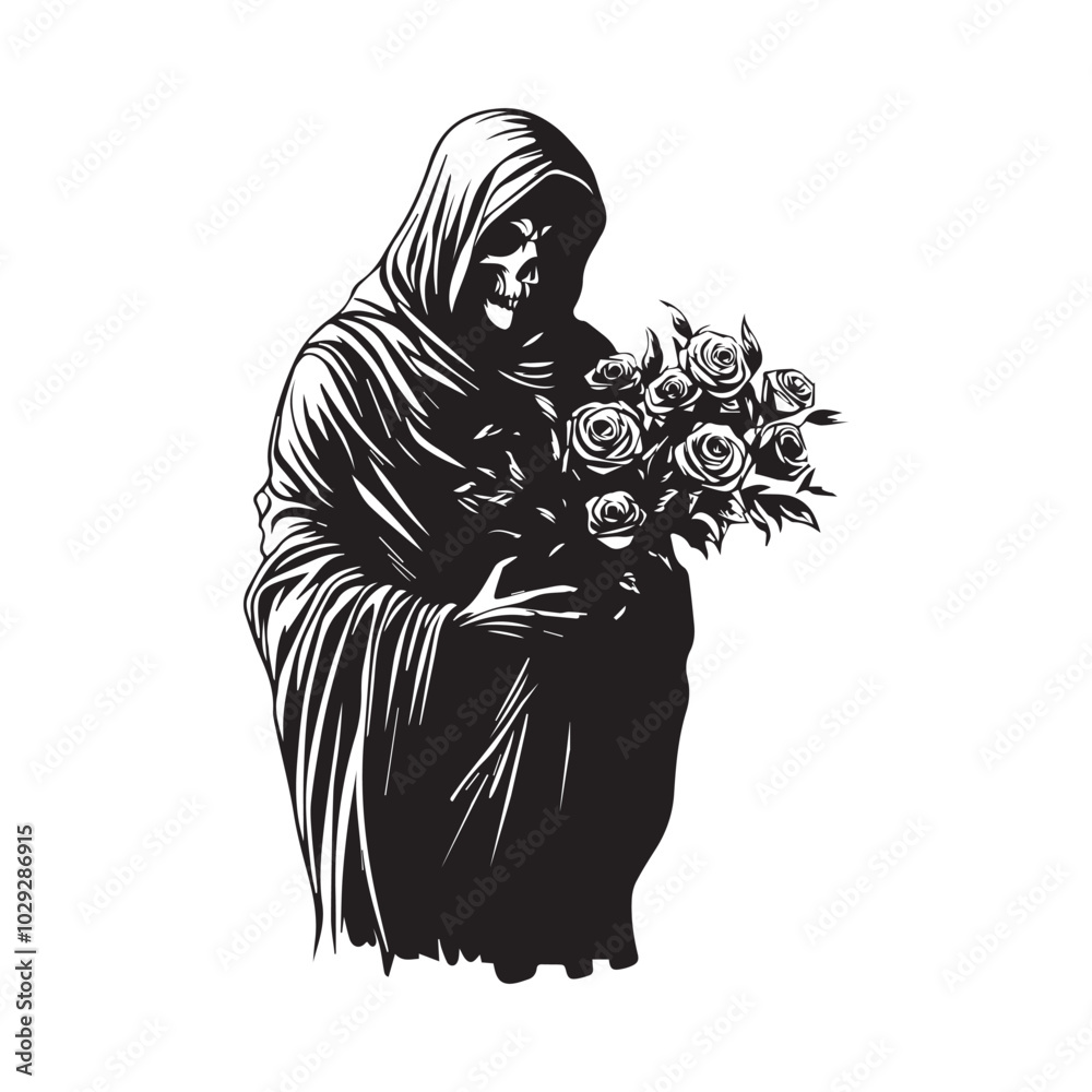 Grim Reaper holding a bouquet of roses. The Grim Reaper is wearing a ...