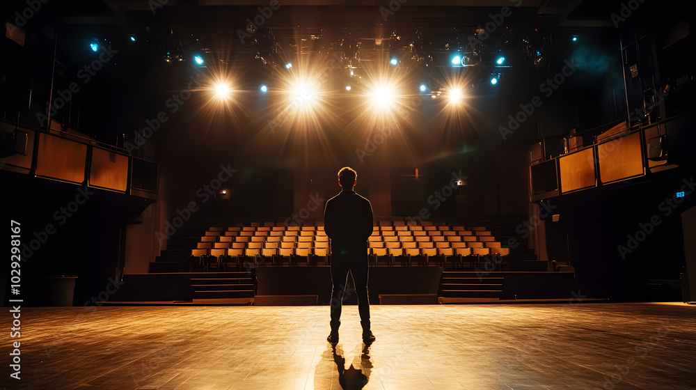 An actor rehearsing lines on stage in an empty theater illuminated by a ...