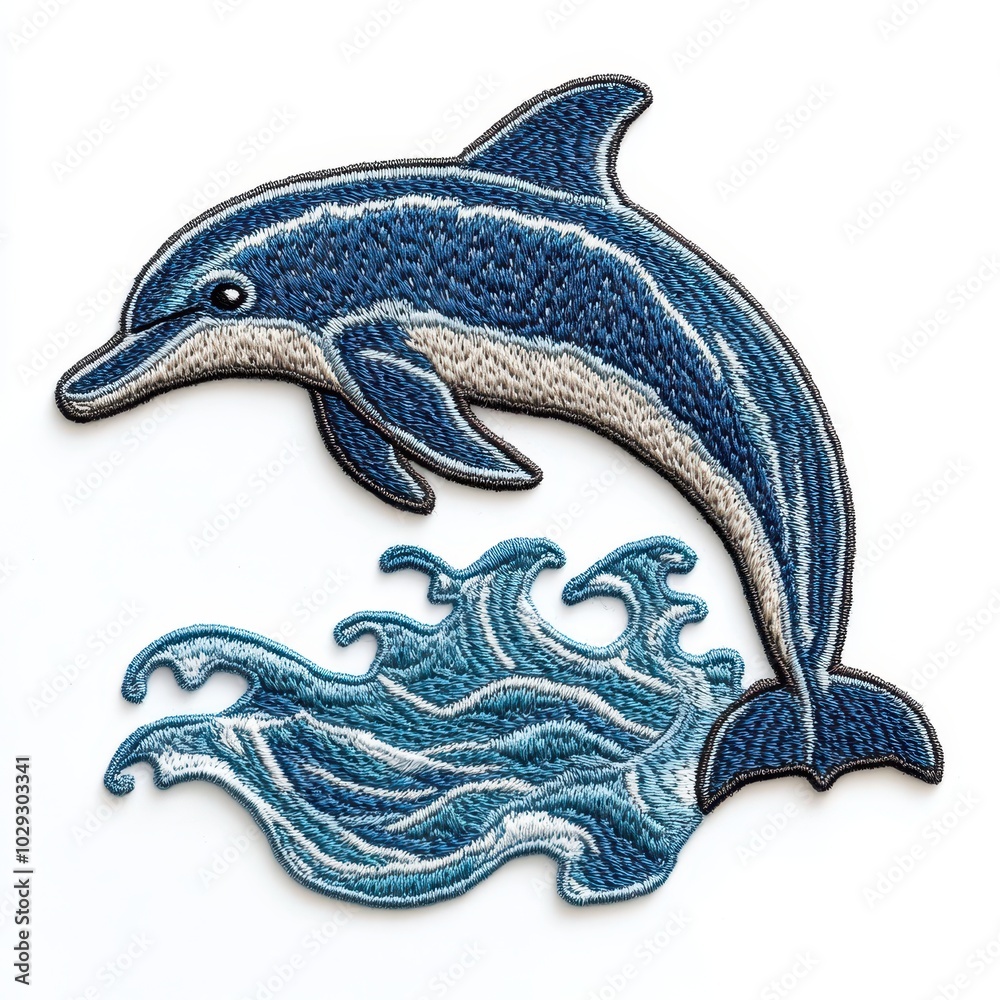 Dolphin leaping over waves embroidered patch badge on isolated white ...