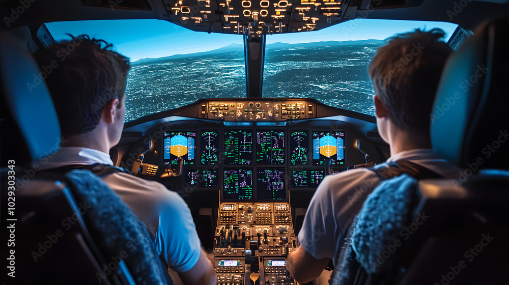 A flight instructor teaching a student pilot in a cockpit simulator ...