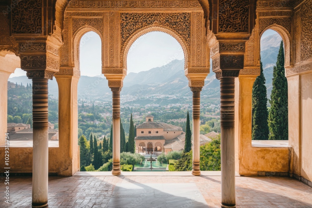 An elegant Islamic courtyard with tall columns, pointed arches, and ...