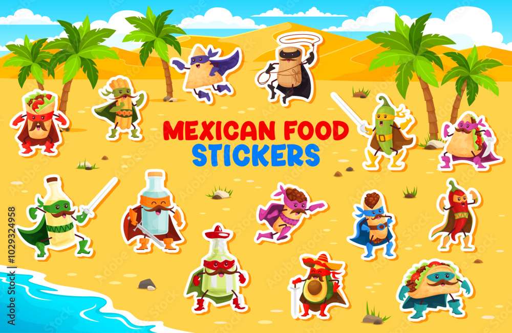 Cartoon superhero Mexican food characters on tropical beach with golden ...
