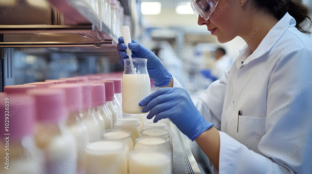 Food scientist testing milk samples of dairy products in the laboratory ...