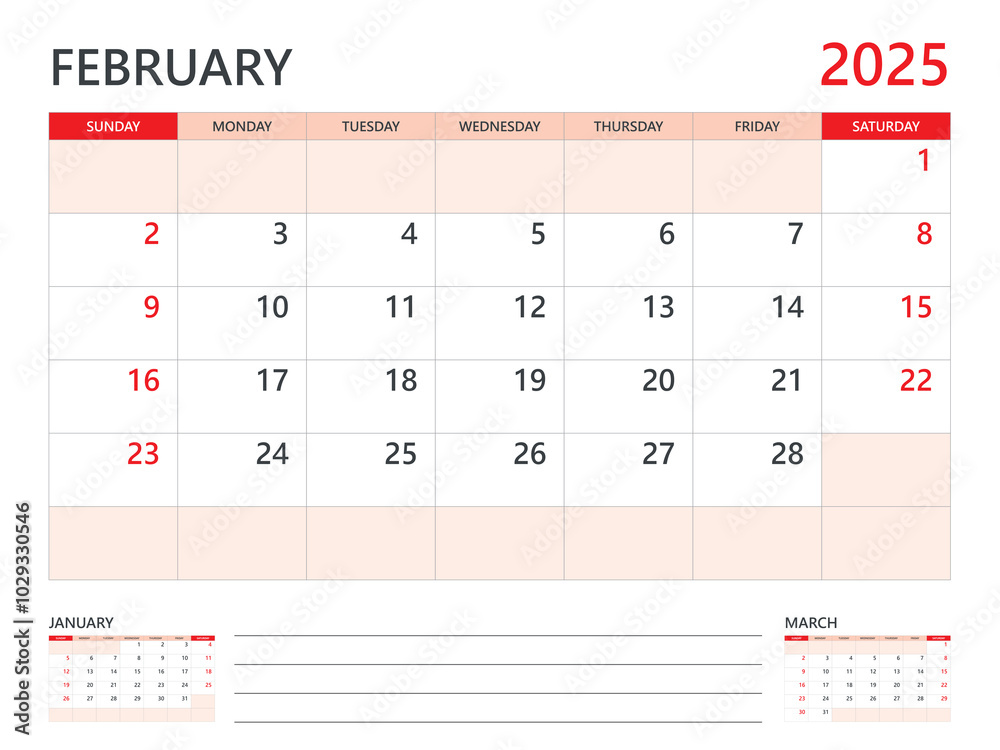 Calendar 2025 template vector on red background, February 2025 template ...