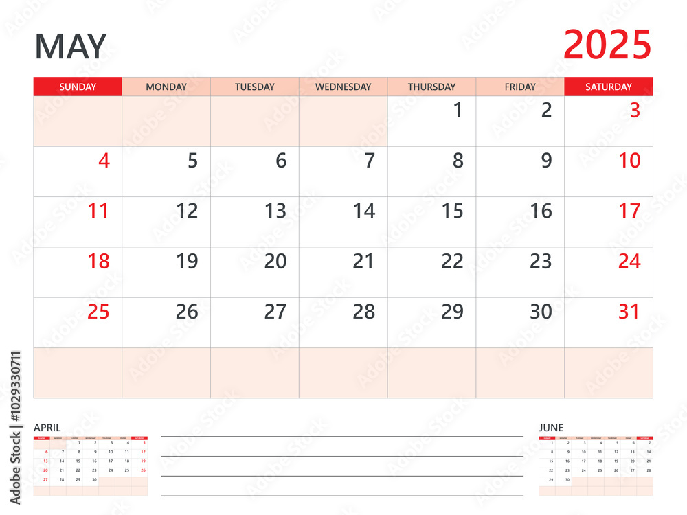 Calendar 2025 template vector on red background, May 2025 template ...