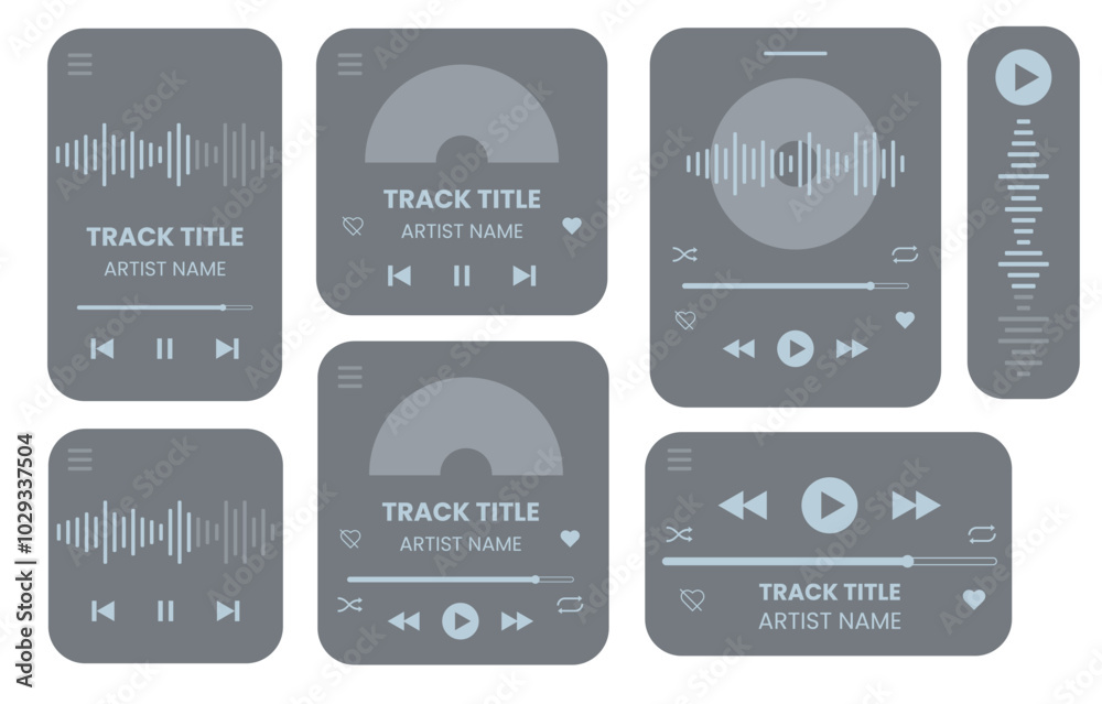 Set of gray music media player interface template. Music player vector design. Graphic ...