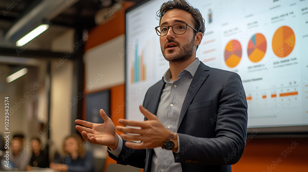 Professional man presenting data insights in a modern conference room ...