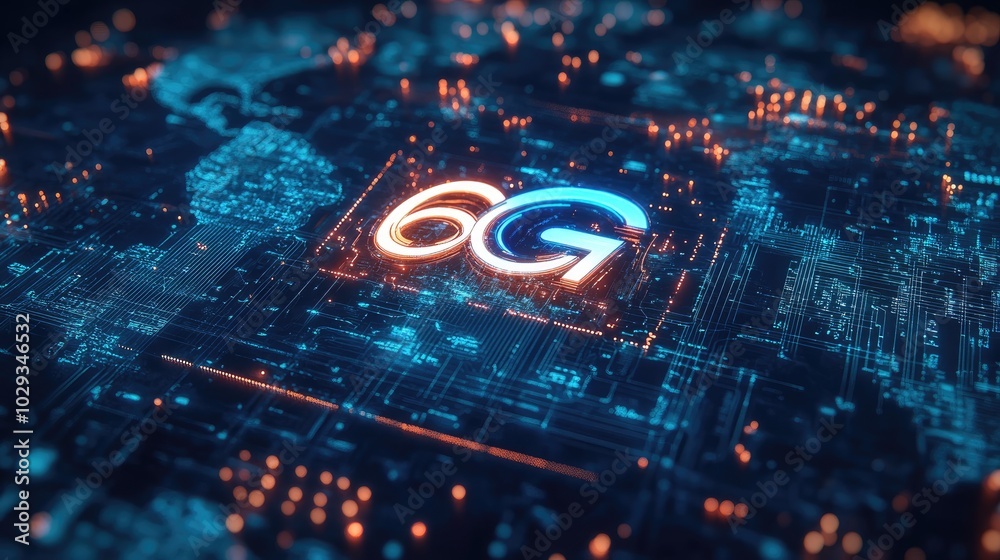 Glowing 6G emblem integrated into a world map of digital connectivity ...