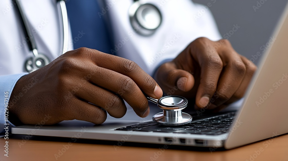 Doctor's Digital Diagnosis: A close-up of a doctor's hands, holding a ...
