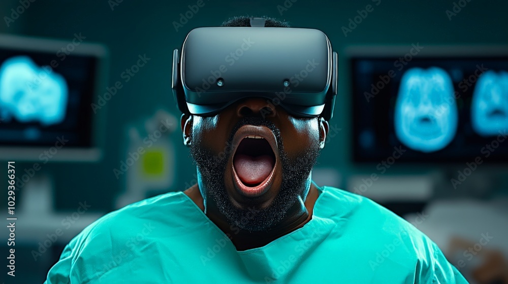 VR Surgeon's Shock: A close-up of a Black male surgeon wearing a VR ...
