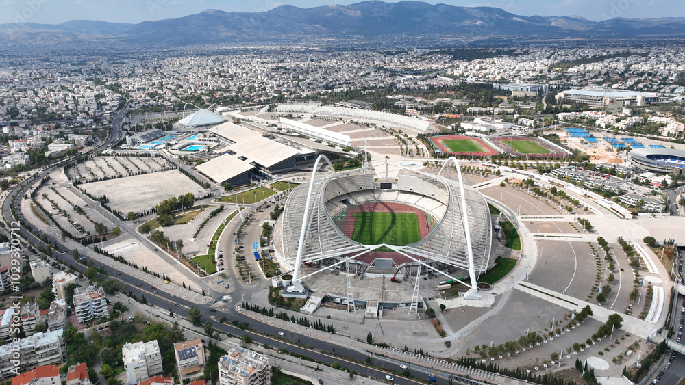 Aerial drone panoramic view of football pitch in iconic Olympic stadium ...