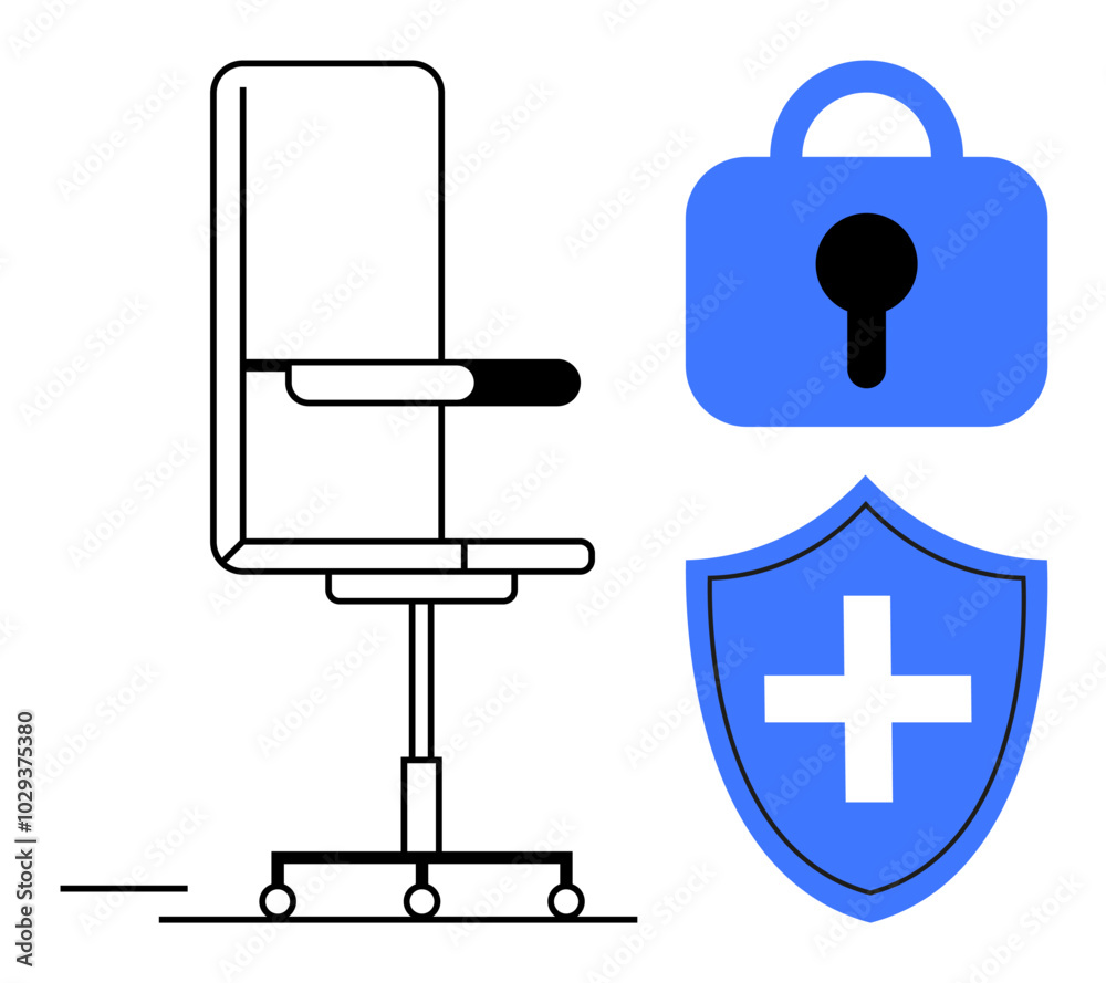Office chair accompanied by lock and shield with a cross icons. Ideal ...