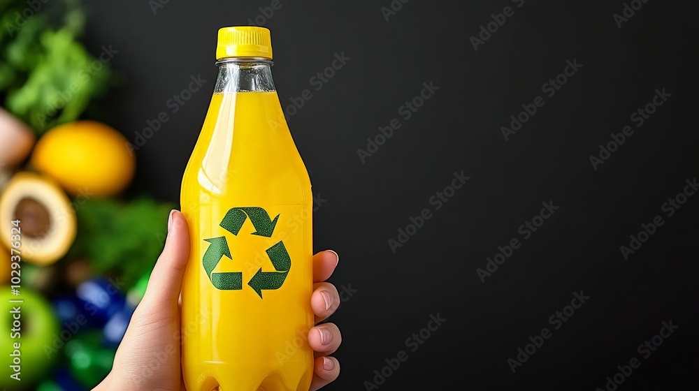 Recyclable Orange Juice Bottle: A hand holds a yellow plastic bottle of ...