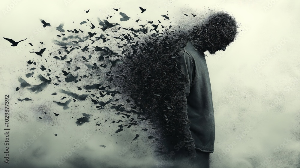 A dark silhouette of a man dissolving into a flock of birds ...
