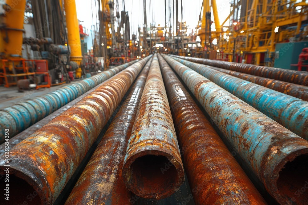 Drill Pipe. Oil and Gas Industry Technology. Steel Tubes Stack in Oil ...
