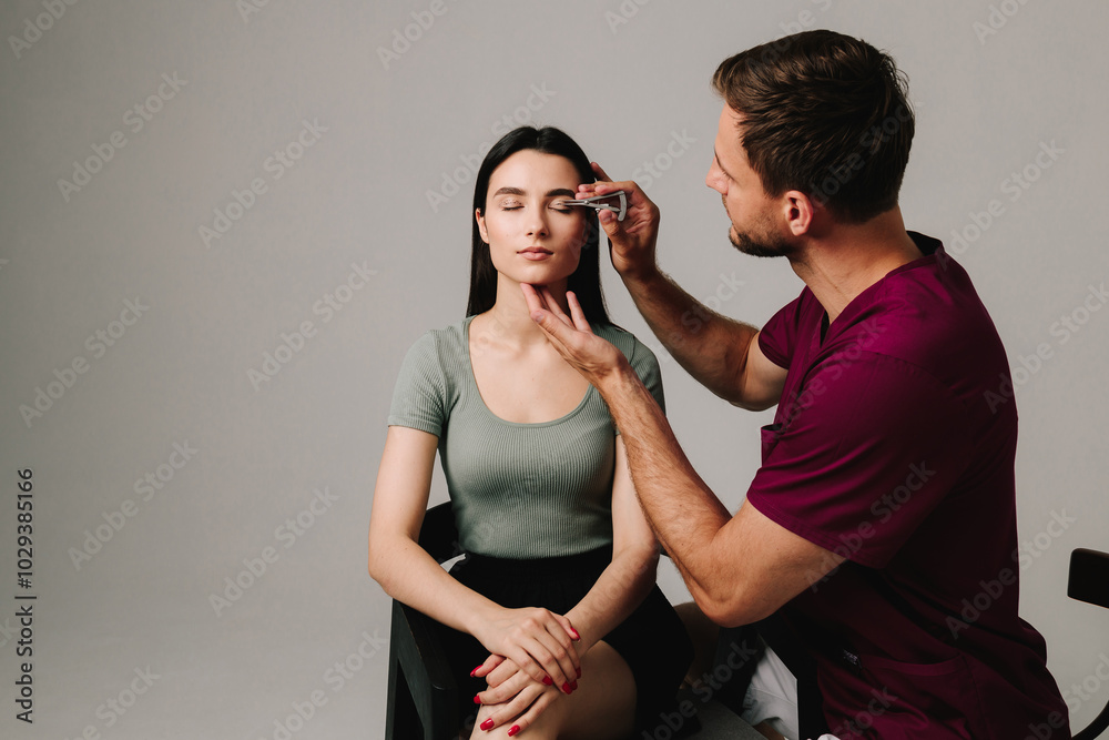 Blepharoplasty marking up. Plastic surgeon is measuring distance in ...