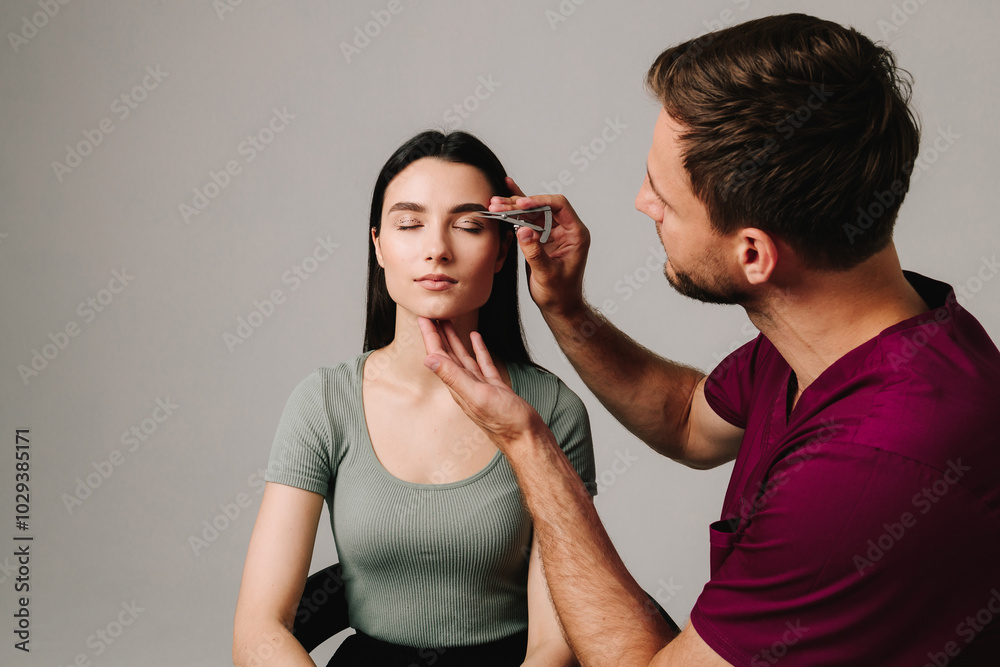 Blepharoplasty marking up. Plastic surgeon is measuring distance in ...