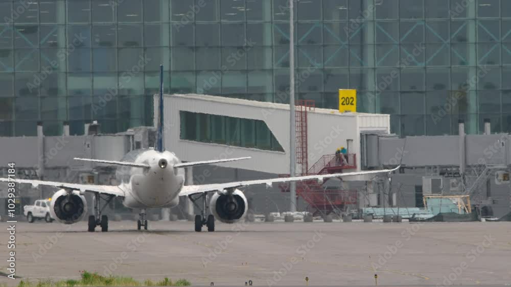 Airliner taxiing to terminal, rear view. An aircraft with an ...
