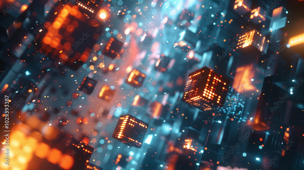 An abstract scene of floating cubes and shimmering particles in motion ...