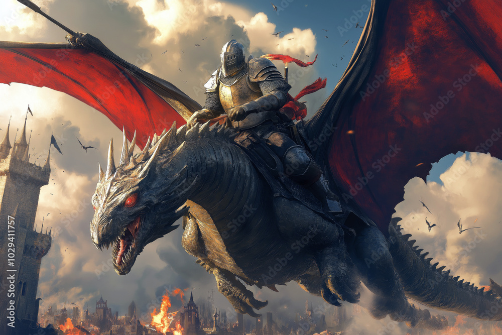 Armored knight riding a dragon, flying into battle over a medieval ...