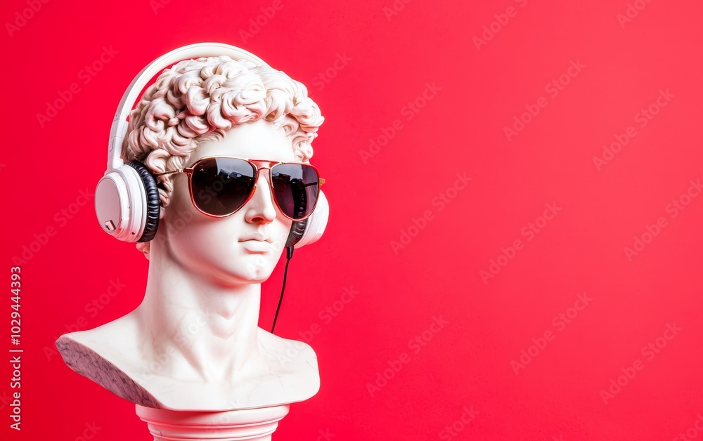 Greek-style statue with curly hair in modern headphones and sunglasses ...