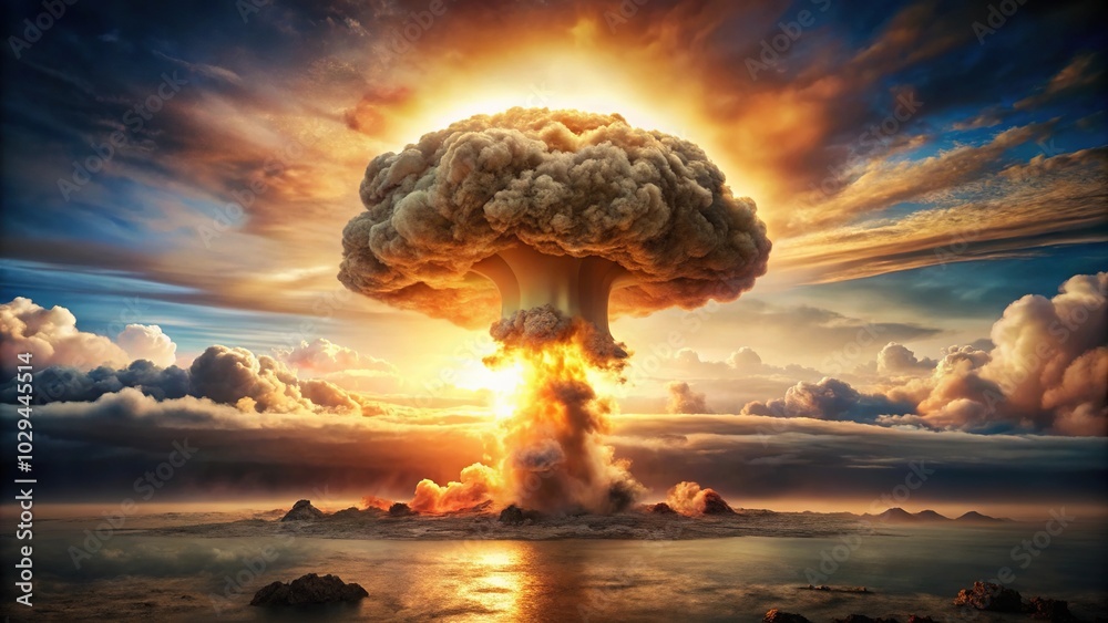 Nuclear explosion of an atom bomb with a mushroom cloud from a unique ...