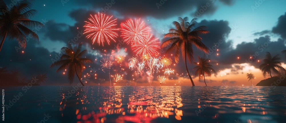 A stunning display of fireworks exploding in the night sky over a ...