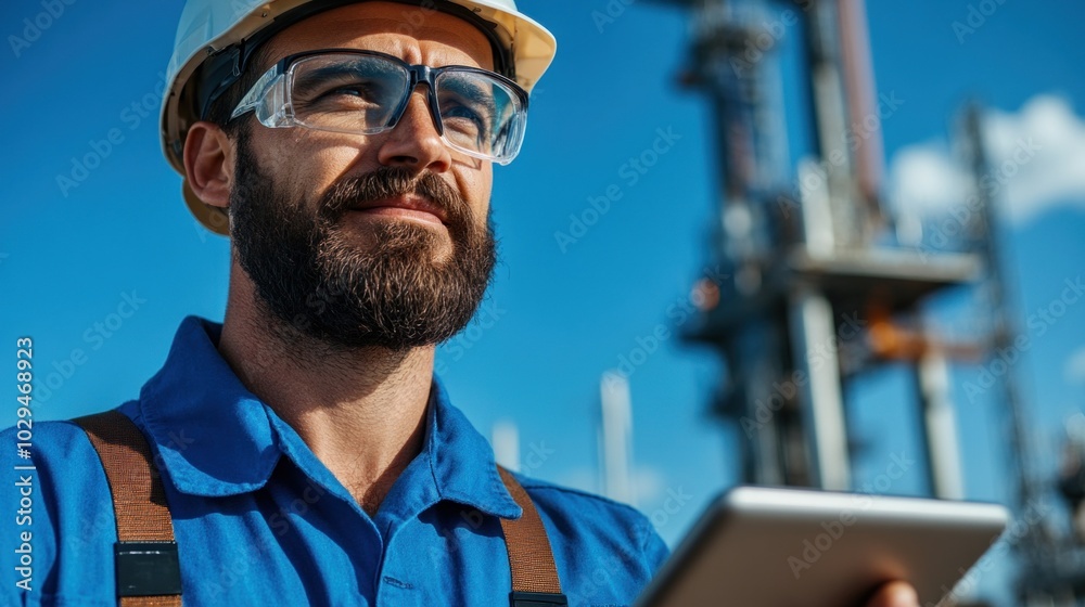 Engineer using a tablet to monitor production in a factory ...
