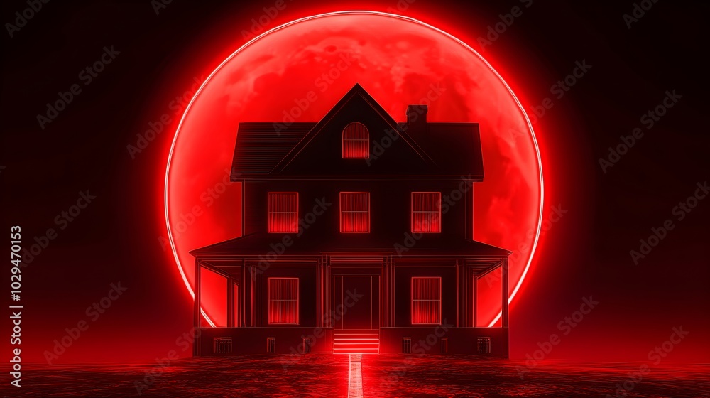 Haunted house with red moon in dark fog background. Spooky dark mansion ...