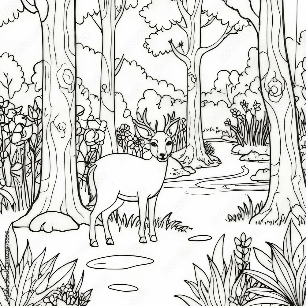 Peaceful Forest Scene Coloring Page with Deer, Rabbit, Bird, and Fox ...