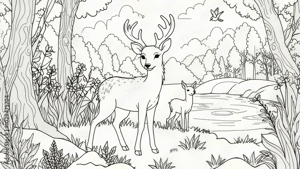 Peaceful Forest Scene Coloring Page with Deer, Rabbit, Bird, and Fox ...