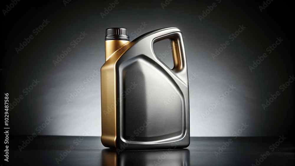 Tilted angle canister with engine oil isolated on black and white ...