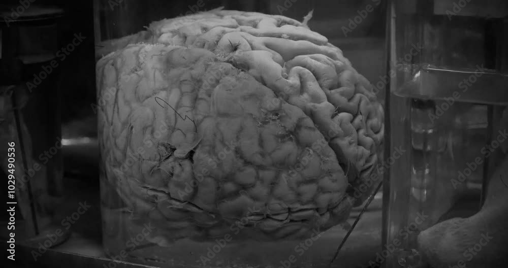 Anatomy of brain. Human brain in glass jar with formaldehyde for ...