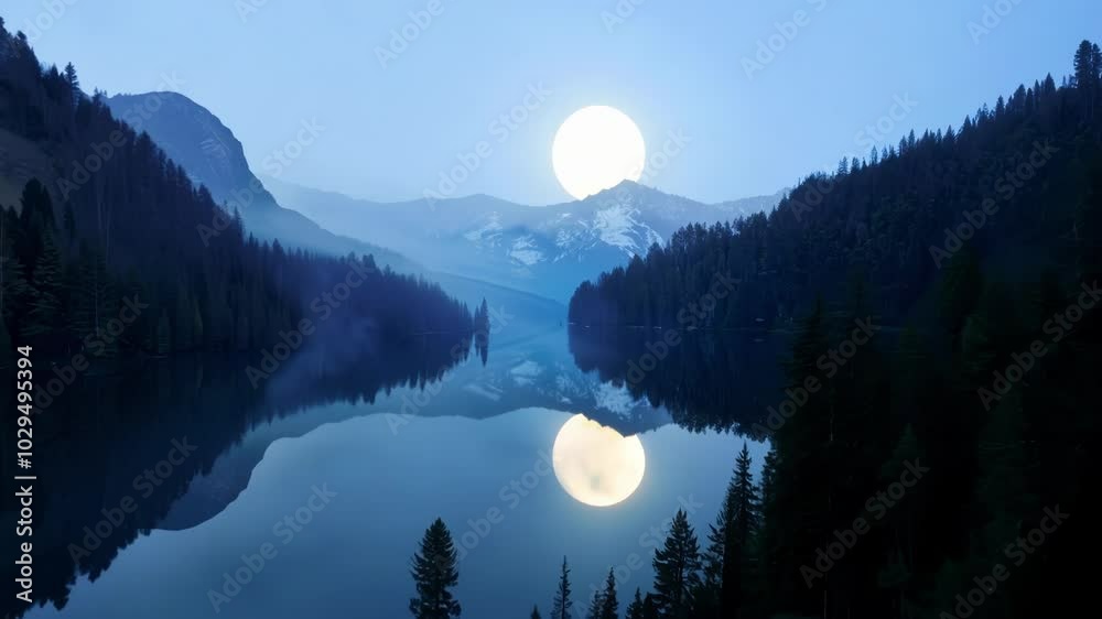 Bright full moon is illuminating the snow capped peaks of a mountain ...