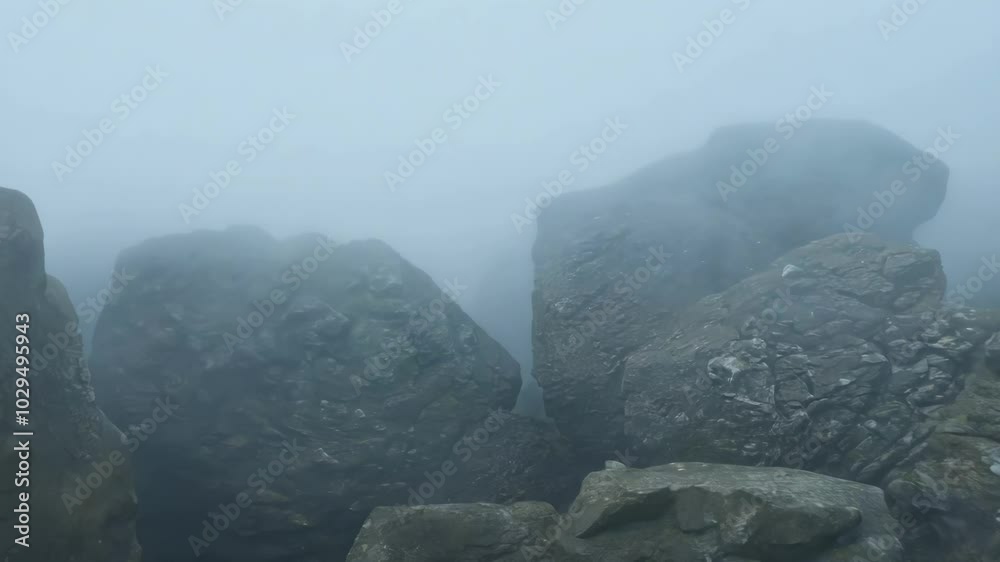 Misty fog envelops rugged landscape, creating eerie atmosphere with ...