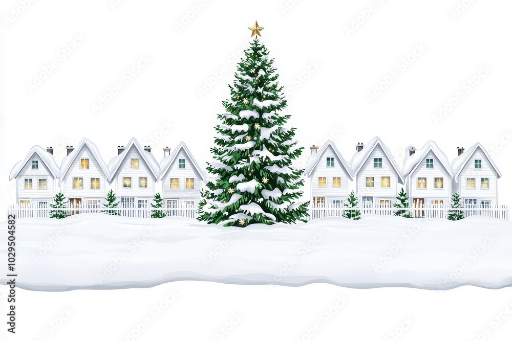 Snowy village scene with a decorated Christmas tree and charming houses ...
