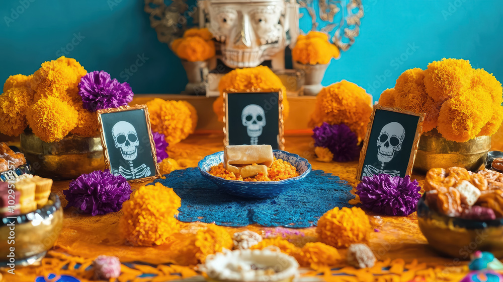 traditional mexican altar with photos of dead relatives, sweets ...