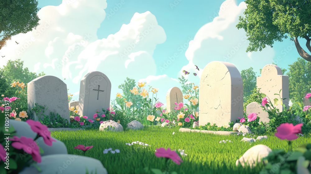 cartoon 3d illustration of modern stone tombstones in cemetery ...