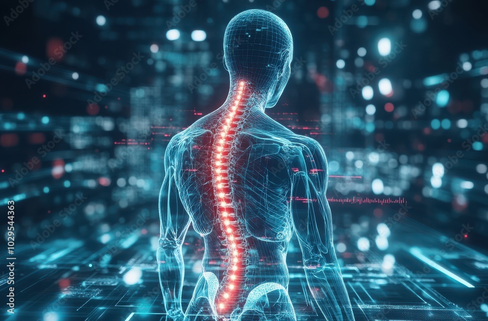 Digital animation showcasing a futuristic X-ray scan of a human spine ...