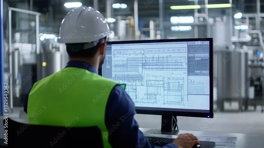 Engineering project overview: An engineer utilizes detailed technical ...