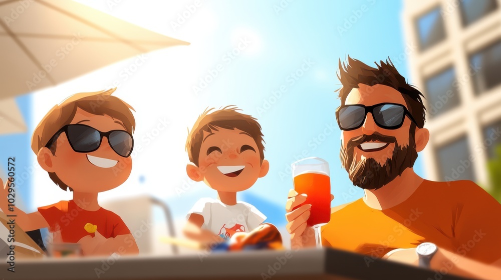 A father and his two sons enjoying a casual outdoor lunch together ...