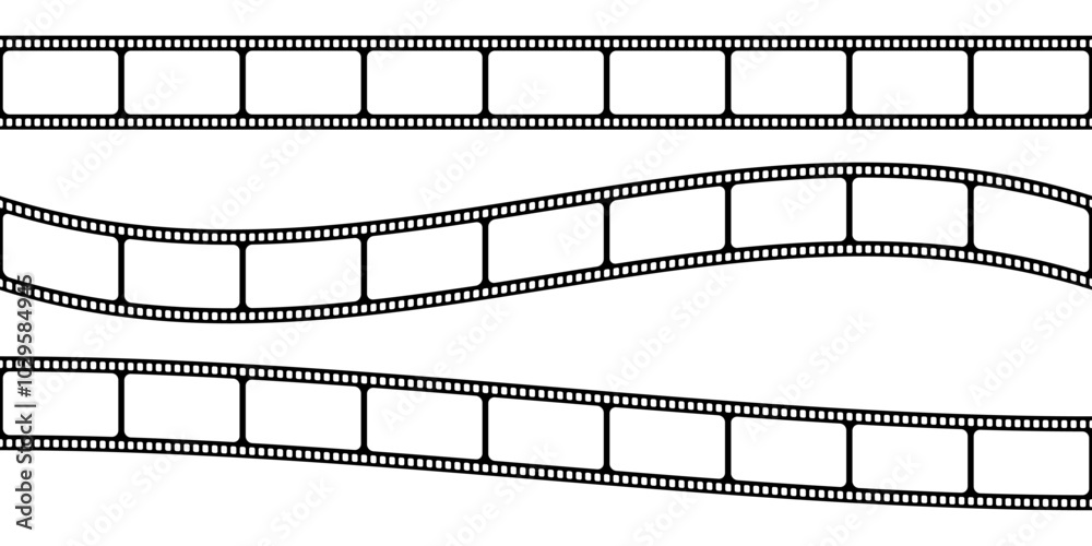 Set of blank straight and curved film strips. Horizontal video or photo ...
