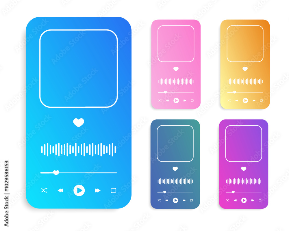 Set of colorful audio player interface templates with album cover frame ...