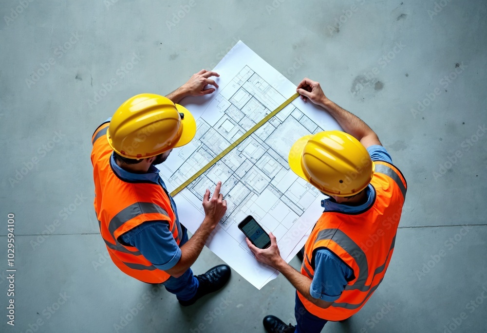 industrial development, checking construction plans, studying blueprint ...