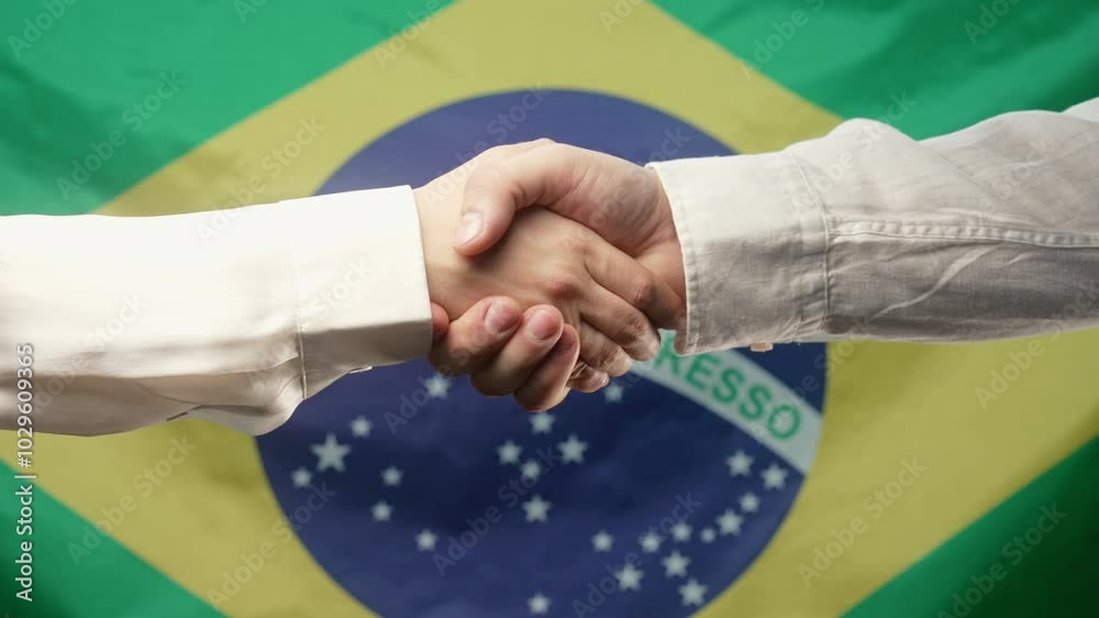 Brazilian man and woman business partners shaking hands. Handshake ...