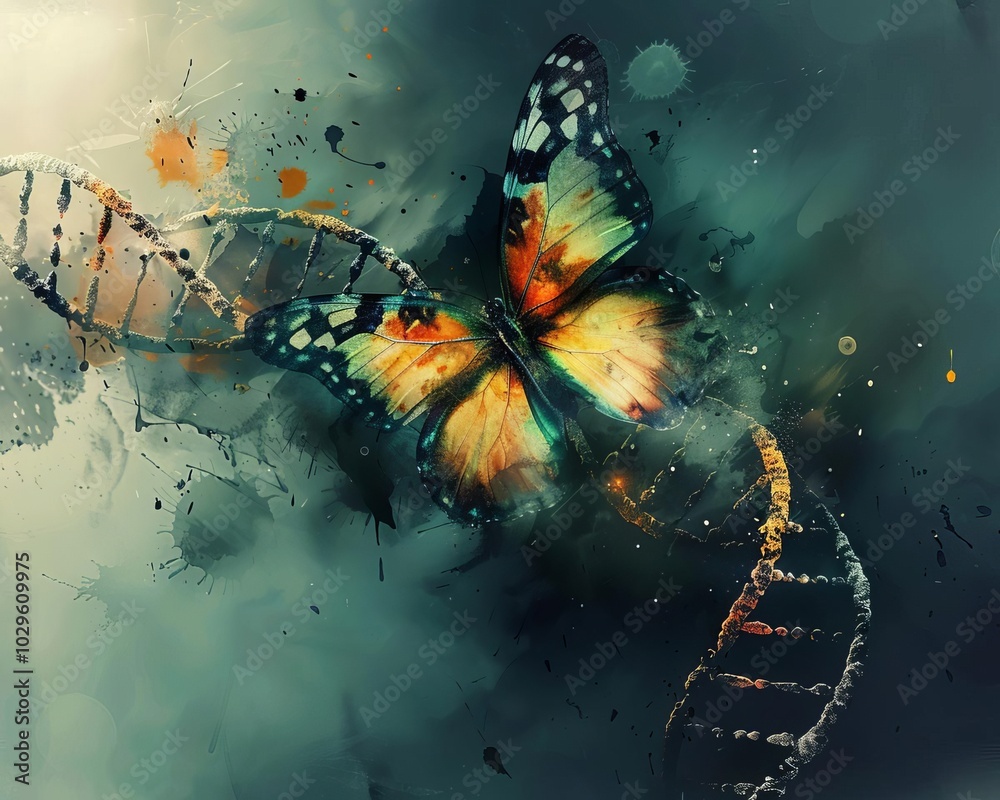 Artistic butterfly with colorful wings and symbolic DNA strands ...