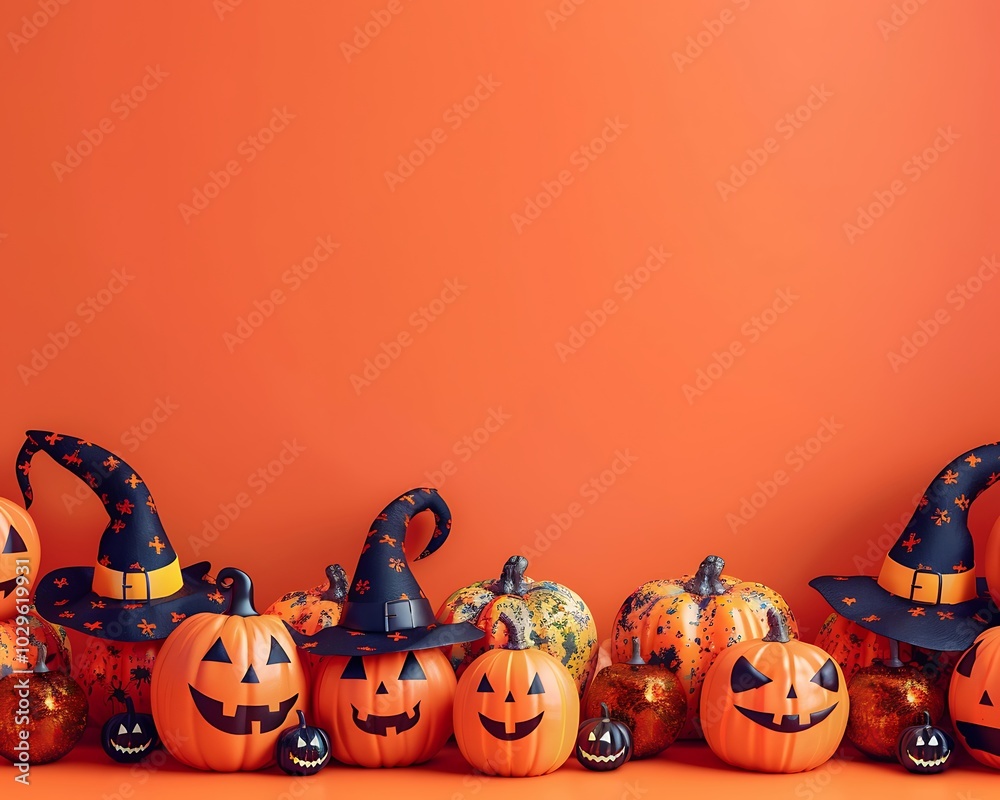 Orange background with pumpkins and witch hats, Halloween banner design ...