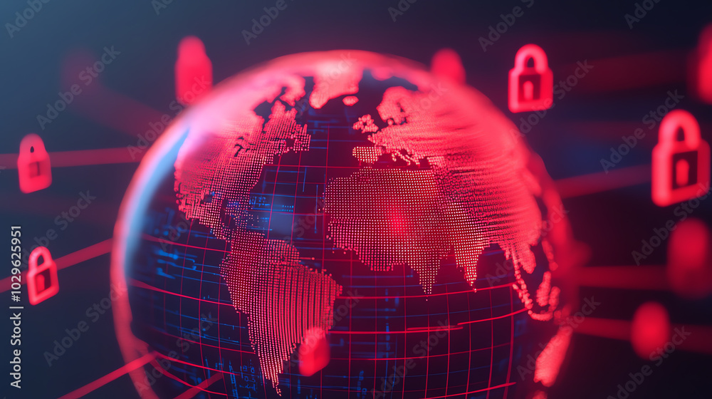 Digital globe with network connections and security locks, symbolizing ...