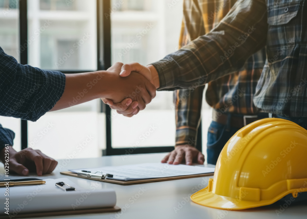 Construction team shaking hands to kick off a new project contract at the construction site ...